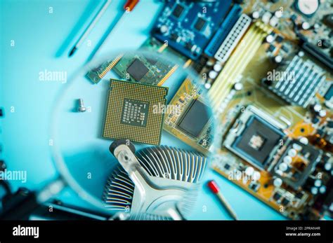 Chipset On Blur Electronic Circuit Board Of Pc Motherboard Cpu Chip Electronic Components Of