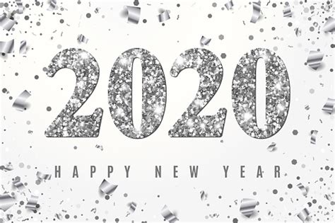 흩어져 기하학적 및 호일 은색 종이 색종이 흰색 배경에 빛나는 실버 2020 숫자와 새해 복 설 초 배너 벡터 그림입니다 모든