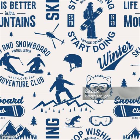 스키 및 스노우보드 클럽 완벽 한 패턴입니다 벡터 일러스트 레이 션 겨울에 대한 스톡 벡터 아트 및 기타 이미지 겨울 경쟁 계절 Istock
