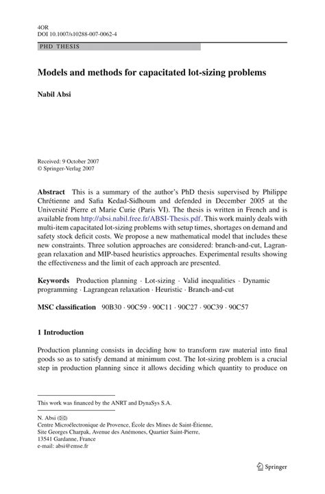 Pdf Models And Methods For Capacitated Lot Sizing Problems
