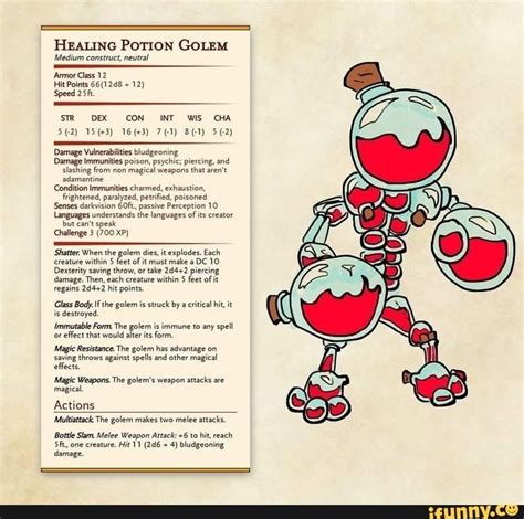 Healing Potion Golem Medium Construct Neutral Armor Class 12 Hit Points 12 Speed Str Dex