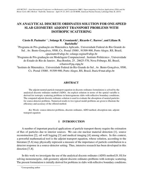 Pdf An Analytical Discrete Ordinates Solution For One Speed Slab Geometry Adjoint Transport