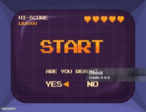 아케이드 게임 화면 레트로 게임기 디스플레이 픽셀 비디오 게임 8비트 플레이 인터페이스 시작 게이머 플레이어를 위한 오래된 컴퓨터 또는 빈티지 콘솔 모니터 깔끔한 벡터