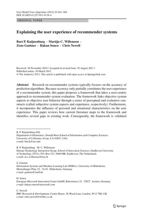 Pdf Explaining The User Experience Of Recommender Systems