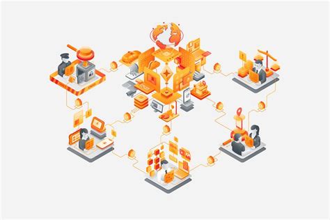 An Orange And White Graphic Design With People In The Center Surrounded By Other Objects