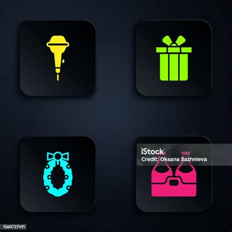 샴페인 병 마이크 크리스마스 화환 및 선물 상자를 설정하십시오 검은색 사각형 버튼입니다 벡터 12월에 대한 스톡 벡터 아트 및 기타 이미지 Istock