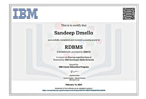 ibm rdbms certification data database sandeep dmello