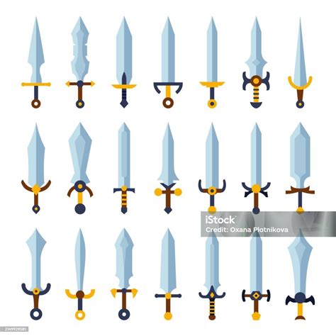 만화 강철 칼 세트 아이콘 칼 단검 날카로운 칼날 플랫 스타일의 판타지 게임 무기 아이콘입니다 벡터 일러스트 레이 션 0명에