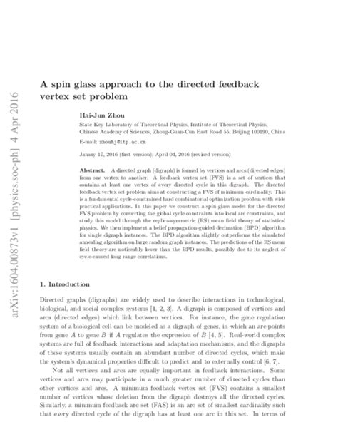 Pdf A Spin Glass Approach To The Directed Feedback Vertex Set Problem