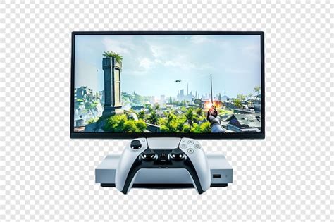 Gaming Console With Controller And Monitor Displaying Video Game Isolated On A Transparent