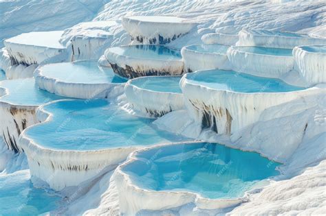White Travertine Terraces Of Pamukkale With Turquoise Thermal Pools In