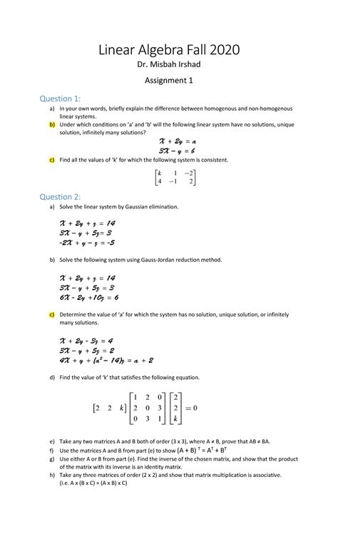 Assignment 1 Linear Algebra A1 Linear Algebra Fall 2020 Dr Misbah