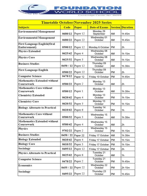 Igcse Timetable Oct Nov 2025 Series Pdf Qualifications