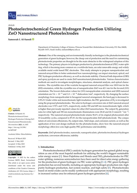 Pdf Photoelectrochemical Green Hydrogen Production Utilizing Zno