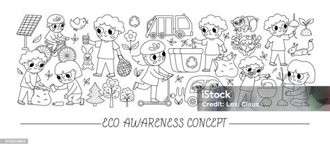 벡터 생태 흑백 수평 세트와 귀여운 아이들이 자연을 돌봐 배너 초대장을위한 지구의 날 카드 템플릿 행성과 귀여운 환경 친화적 인 색칠 공부 페이지 0명에 대한 스톡 벡터