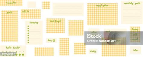 필수 디지털 스티커를 사용할 준비가 되었습니다 불렛 저널링 또는 계획을 위한 디지털 메모 용지 및 스티커 체크 무늬 배경에 손글씨 벡터 아트 Bullet Journal에