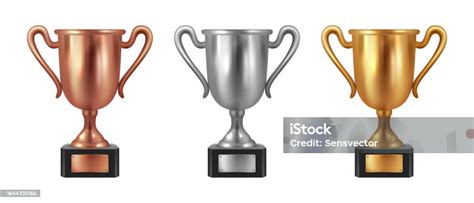 현실적인 3d 우승자 컵 승리 경쟁 플레이 게임 벡터 일러스트레이션의 상징 동상 은컵 금컵 스포츠 경기 우승자 트로피 시상식 상금 금메달에 대한 스톡 벡터 아트 및 기타