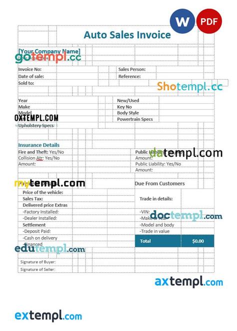 Auto Sales Invoice Template In Word And Pdf Format Download At