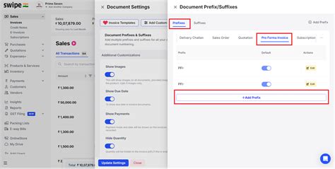 how can i add a prefix to pro forma invoice on web general swipe