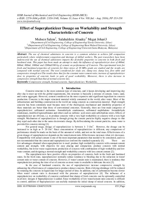 Pdf Effect Of Superplasticizer Dosage On Workability And Strength Characteristics Of Concrete