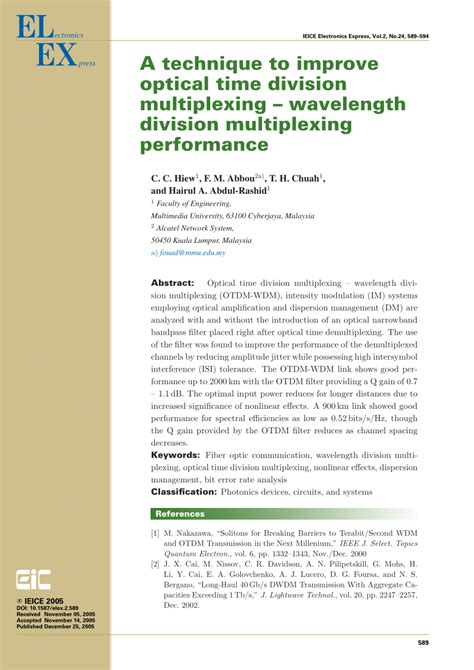 Pdf A Technique To Improve Optical Time Division Multiplexing