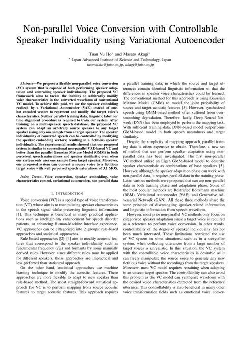 Pdf Non Parallel Voice Conversion With Controllable Speaker Individuality Using Variational