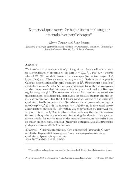 PDF Numerical Quadrature For High Dimensional Singular Integrals Over Parallelotopes