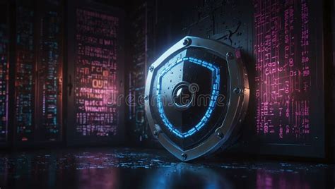 High Tech Cybersecurity Shield With Neon Blue Light And Digital Circuitry Background Stock
