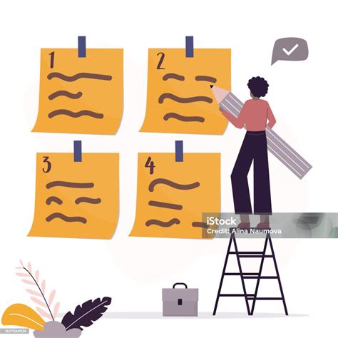 일정 및 메모 스티커 메모의 목표와 작업 기업가는 다양한 비즈니스 목표를 씁니다 직원의 주간 또는 주간 작업 야심 찬 여성 점원은 업무에 집중합니다 개발에 대한 스톡 벡터