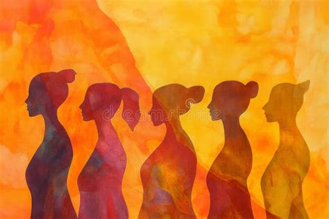 Silhouettes Of Women In Radiant Hues Of Orange And Yellow Linked In Unity On A Deep Orange