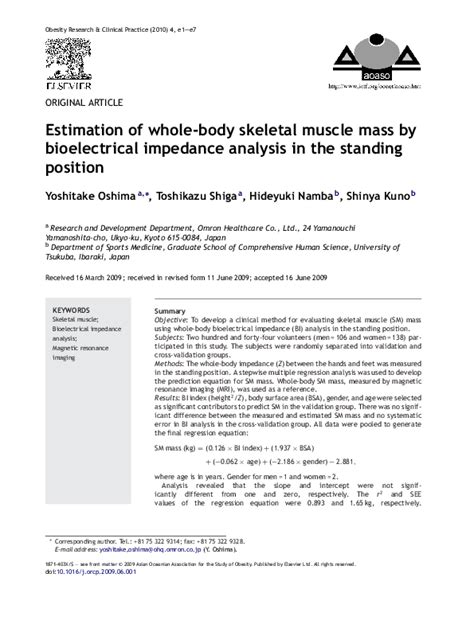 Pdf Estimation Of Whole Body Skeletal Muscle Mass By Bioelectrical Impedance Analysis In The