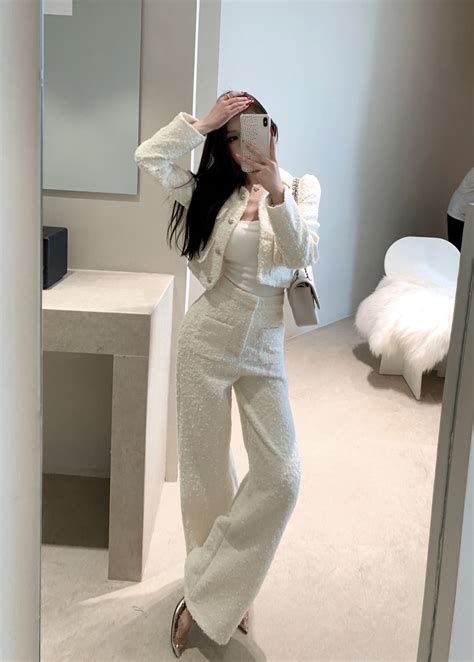 루루홀릭 코디세트트위드 큐빅 크롭 자켓와이드 하이웨스트 팬츠 세트 투피스 Be122824118