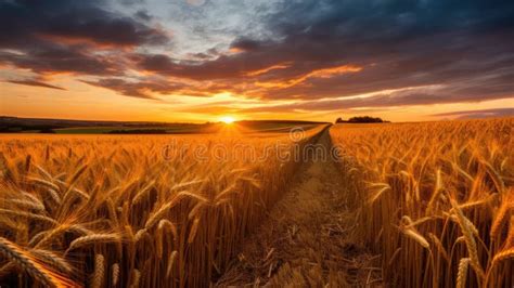 A Field Of Wheat With A Sunset In The Background Stock Image Image Of Grass Barley 289899945
