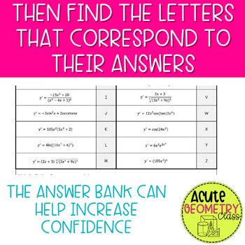 The Chain Rule Derivatives Worksheet Calculus Self Checking Activity