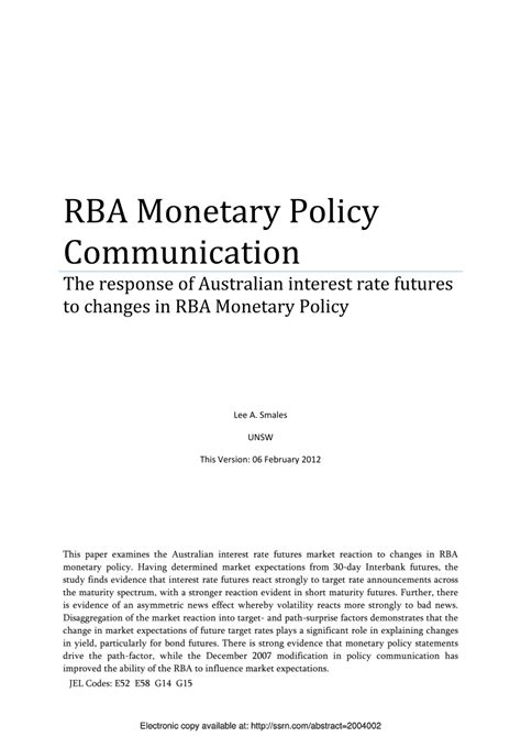 Pdf Rba Monetary Policy Communication The Response Of Australian Interest Rate Futures To