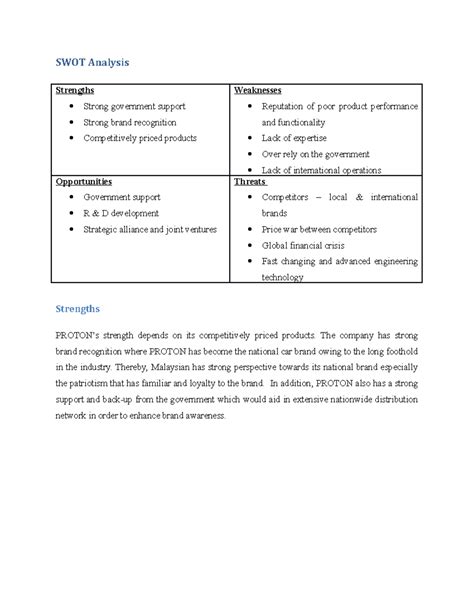 97947862 Swot Analysis Proton Hsien Docx Swot Analysis Strengths