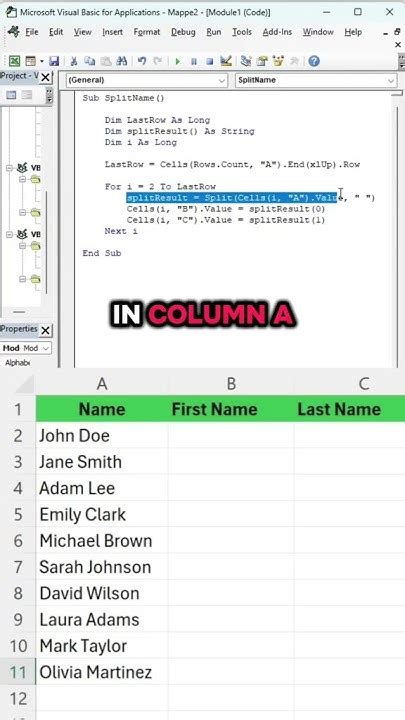 Split Names In Excel Instantly Easy Vba Tutorial For Beginners Shortsvideo Youtube