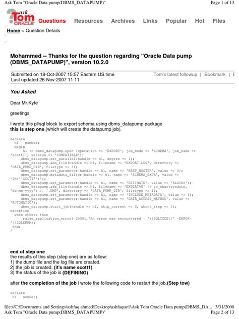Oracle Data Pump Oracle Database Plsql