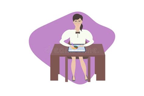 Young Woman With Glasses Sitting At Desk And Using Tablet Device With Stylus Pen Chart And