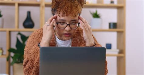 Headache Stress And Woman On Laptop With Problem Networking Error And Internet Glitch In