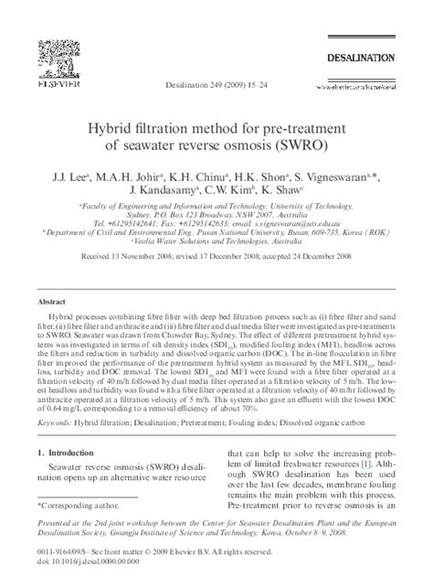 Pdf Hybrid Filtration Method For Pre Treatment Of Seawater Reverse