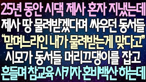 반전 사연 25년 동안 시댁 제사 혼자 지냈는데 제사 땅 물려받겠다며 싸우던 동서들 시모가 동서들 머리끄댕이를 잡고 흔들며 참교육 시키자 혼비백산 하는데사이다사연라디