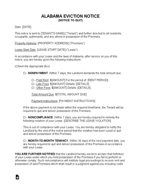 Alabama Eviction Notice To Quit Form Download Free Pdf Leasehold