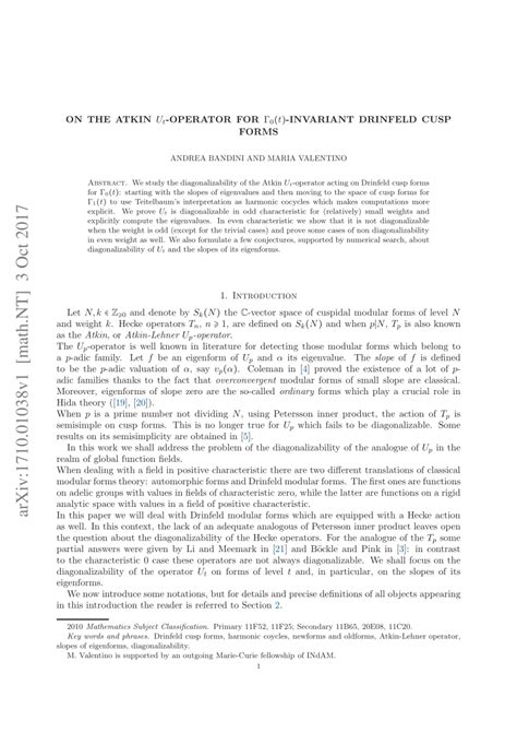 Pdf On The Atkin U T Operator For Gamma 0 T Invariant Drinfeld Cusp Forms