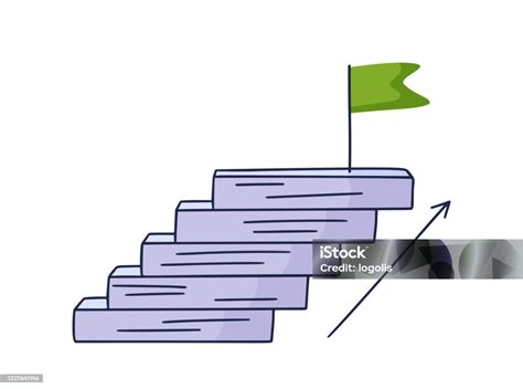 플래그까지 단계 벡터 낙서 그림은 녹색 플래그의 아이콘인 계단 또는 계단이 있는 손으로 그려집니다 성공과 목표 달성을 향한 길 0명에 대한 스톡 벡터 아트 및 기타 이미지