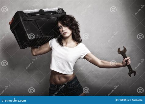 Girl Holding Toolbox And Wrench Spanner Stock Image Image Of Handyman Toolbox 71203445