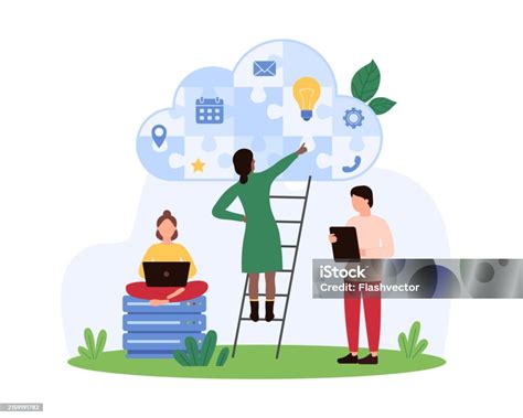 데이터 저장 비즈니스 작업을 위한 클라우드 서비스 작은 사람들이 퍼즐 내부의 아이콘으로 작업합니다 개념에 대한 스톡 벡터 아트 및 기타 이미지 Istock