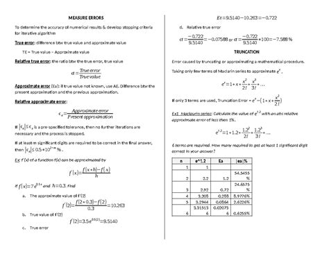 Numerical Method Note MEASURE ERRORS To Determine The Accuracy Of Numerical Results Develop