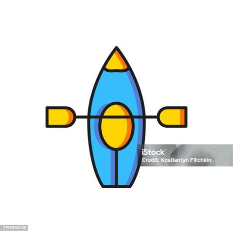 색상 카약 와 패들 아이콘 고립된 통하고 있는 백색 배경 낚시와 관광을 위한 카약과 카누 야외 활동 그림자가 있는 평면으로 채워진 윤곽선 스타일입니다 벡터 0명에 대한 스톡