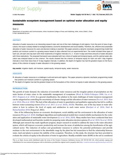 Pdf Sustainable Ecosystem Management Based On Optimal Water